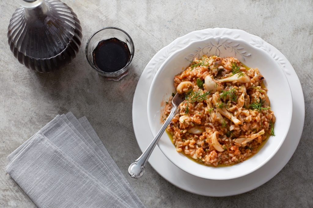 Cuttlefish with rice, tomato and ouzo